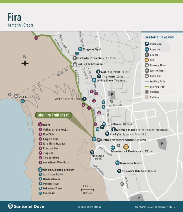 Map of Fira, Santorini - Hotels, Bars, Restaurants, Views