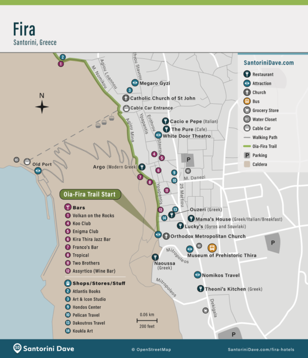 Map of Fira, Santorini - Hotels, Bars, Restaurants, Views